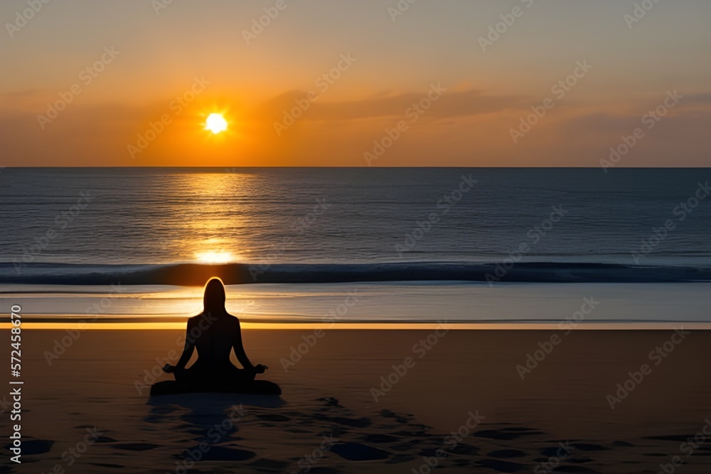 The backlit silhouette shadow of a woman meditating on the beach ...