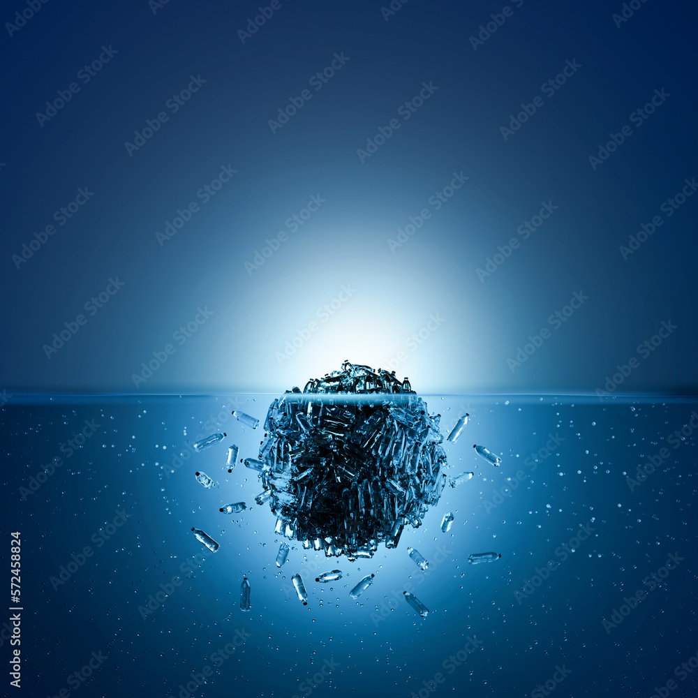Floating sphere made by infinite plastic bottles into the sea; original ...