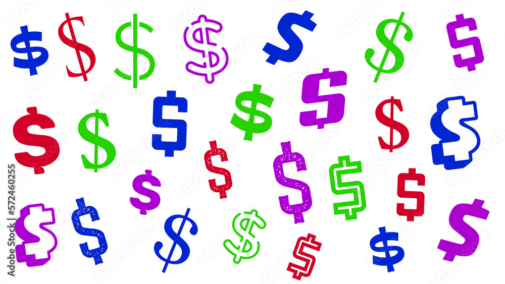 Money symbols in different colors and fonts on transparent background ...