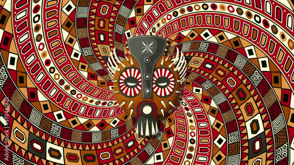 Tribal mask over a rotating spiral background, loop animation Stock ...