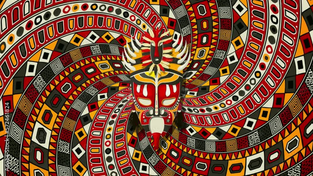 Tribal mask over a rotating spiral background, loop animation Stock ...