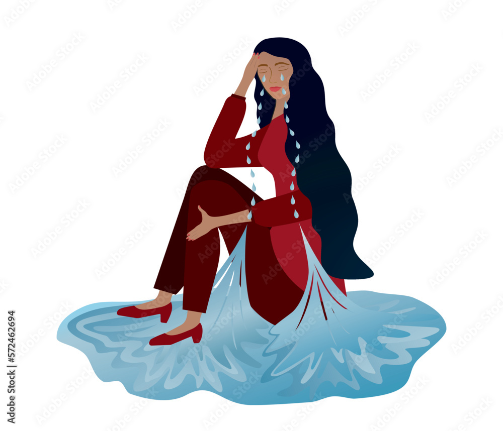 Woman crying endlessly, tears dropping down to a puddle of water ...