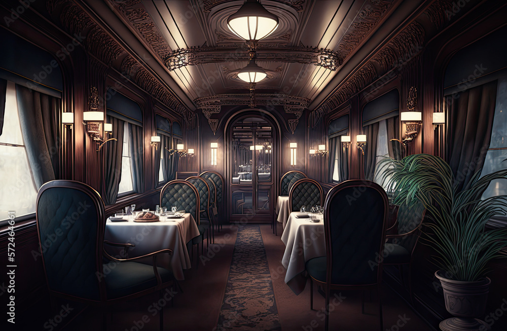 Train interior, dining car, 19th century, wood, luxury. Generative AI ...