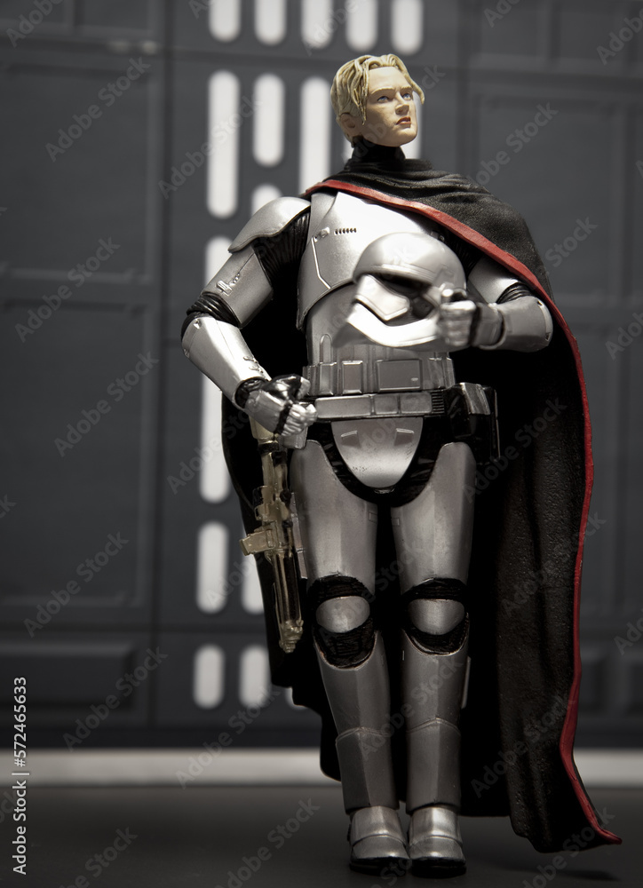 NEW YORK USA, , FEB 21 2023 First Order Captain Phasma posing with a ...