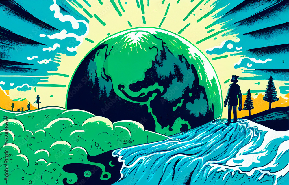 old house and wind turbines. Pop art Illustration showing climate ...