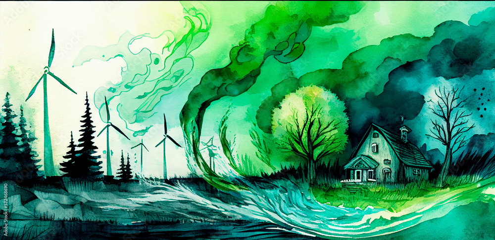 Old house and wind turbines. Pop art Illustration showing climate change on earth. Globe ...