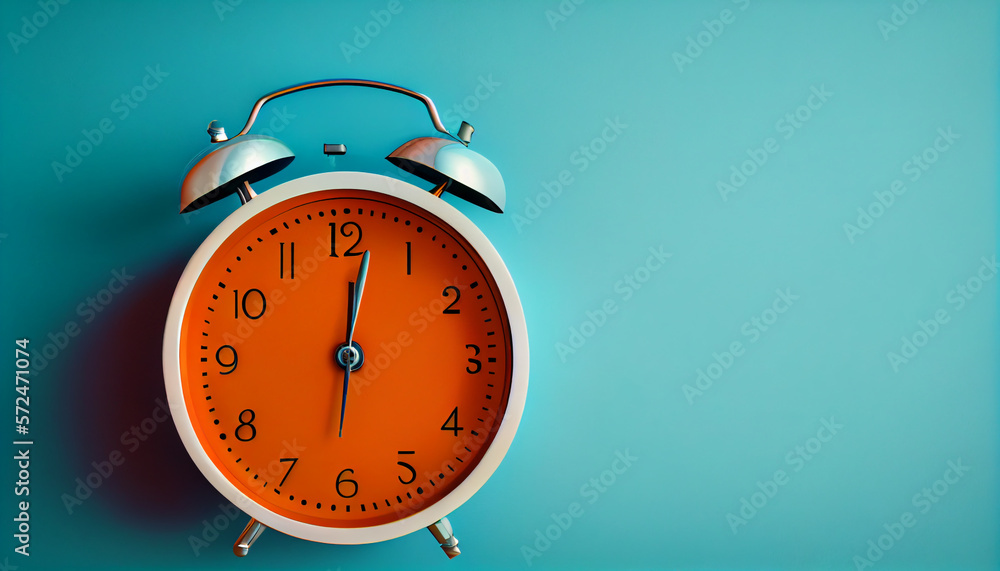 Orange clock in front of plain sky blue wall background and text area ...