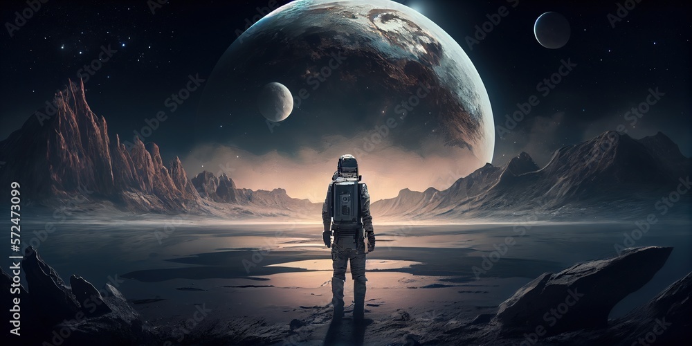 The astronaut standing on a planet with multiple moons is a symbol of ...