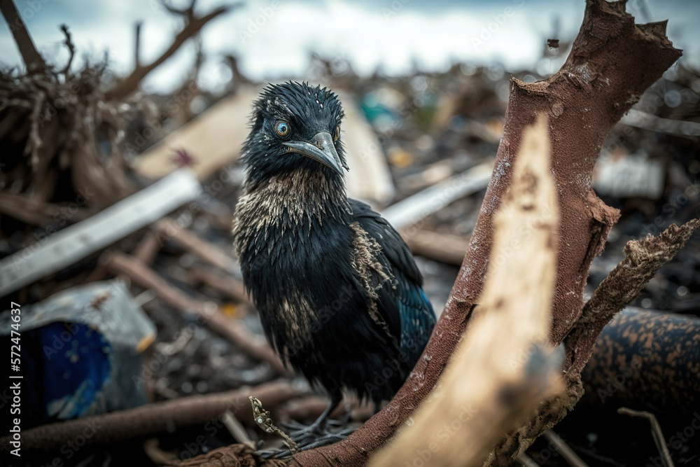 Bird standing over debris after hurricane, cyclone pass away. Natural ...