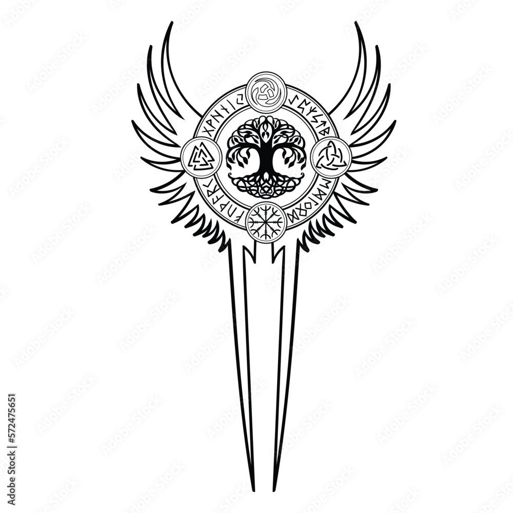 YGGDRASIL PAGAN SYMBOLS AND NORSE RUNES, feather wings vector-01 Stock ...