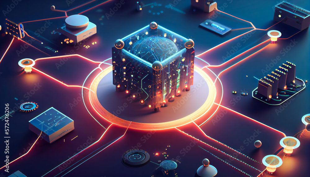 A graphical representation of a connected IoT network, with various nodes, devices, and ...