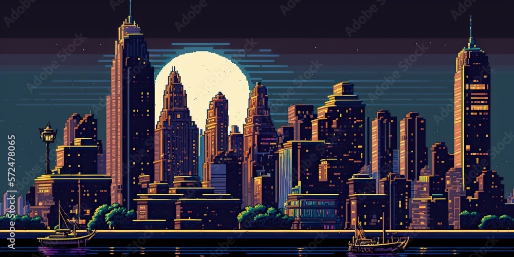8 bit beautiful cityscape, concept of Pixelated and Retro, created with Generative AI technology ...
