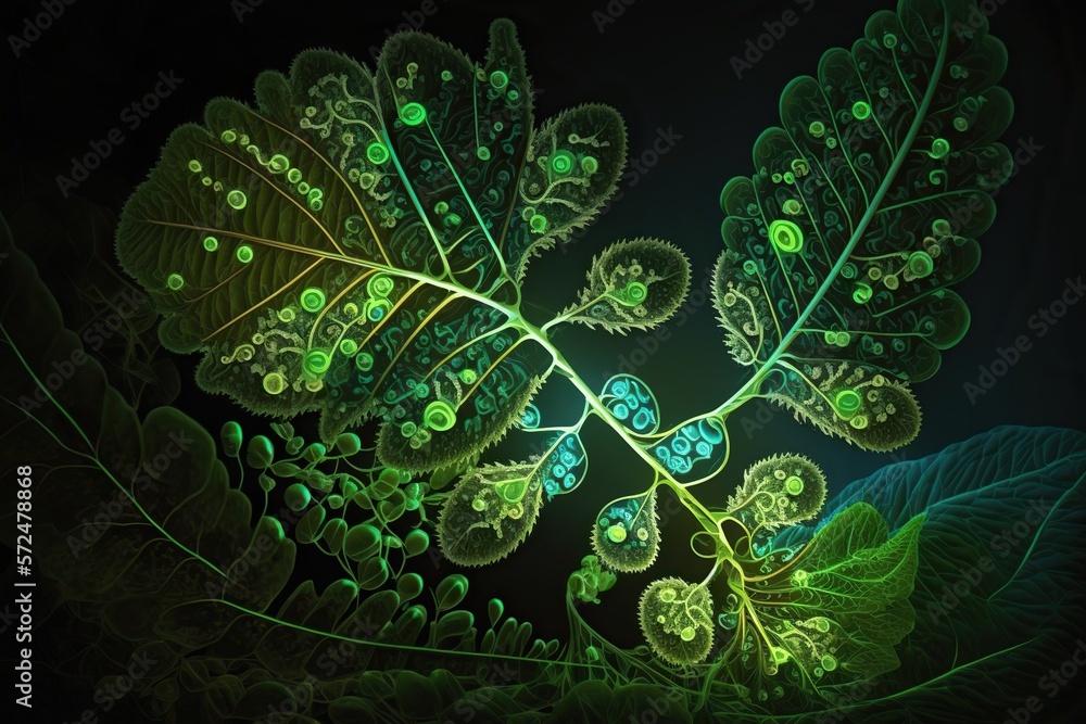 Abstract representation of photosynthesis with bright green ...