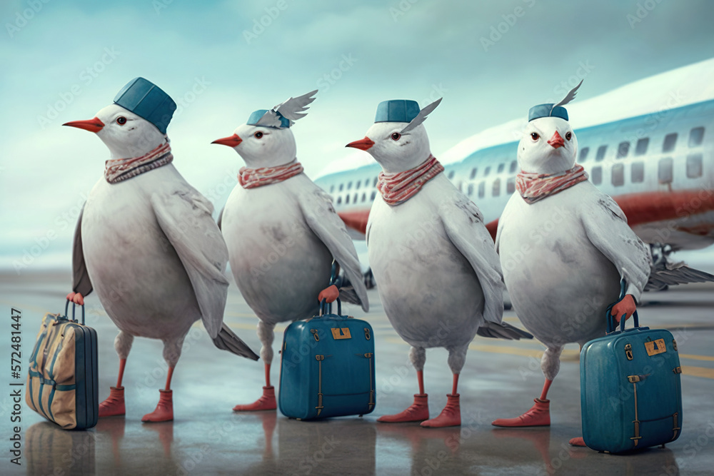 Arctic terns dressed as members of an airplane crew, concept of Airline ...