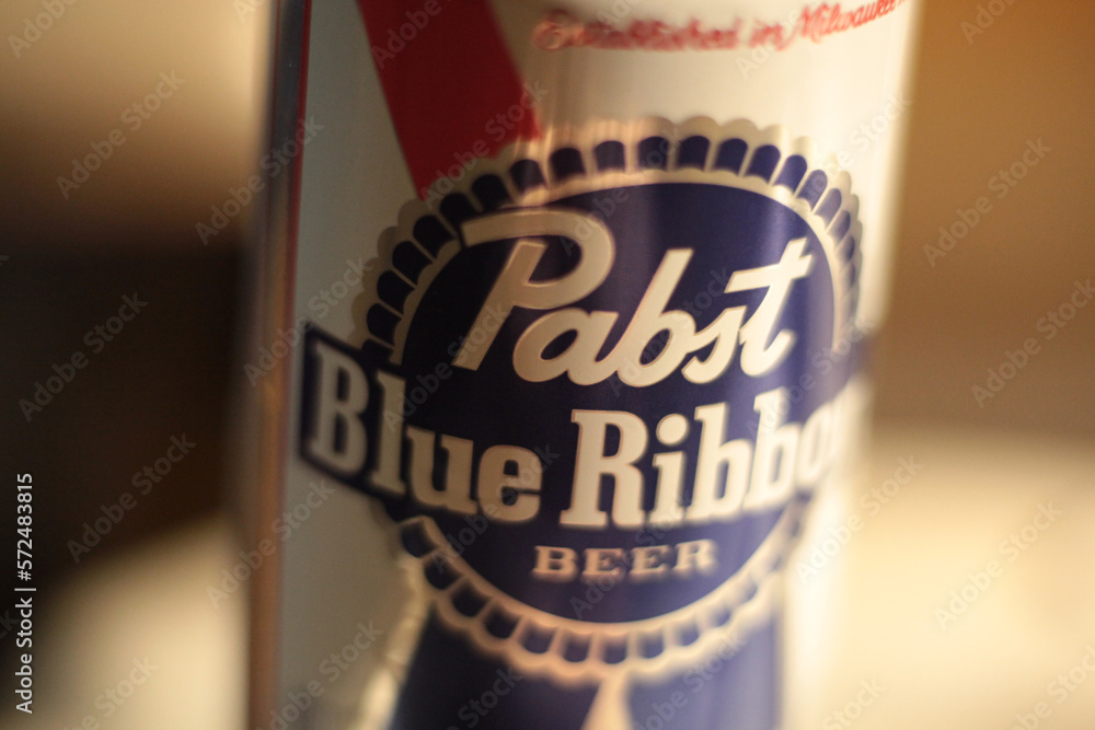 New York, NY - March 17, 2021: Close up of Pabst Blue Ribbon Beer label ...