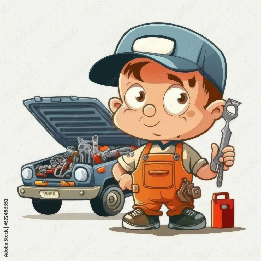 mechanic repairing car, cartoon character, holding a repair tool, car ...