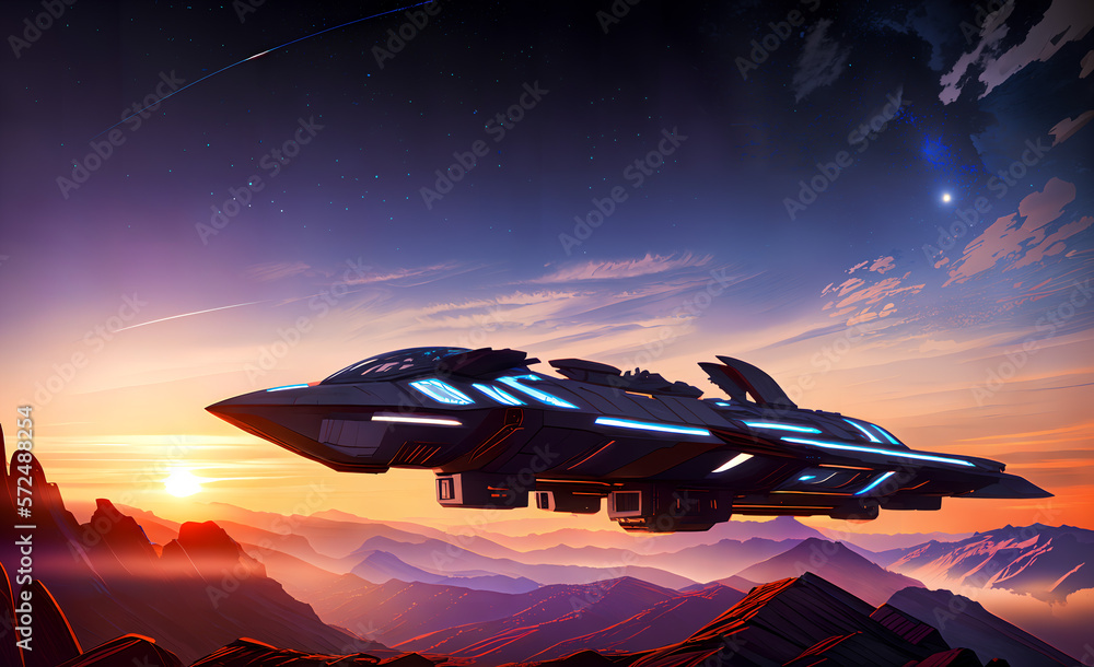 Giant alien spaceship flying under the sunset, scifi futuristic AI ...