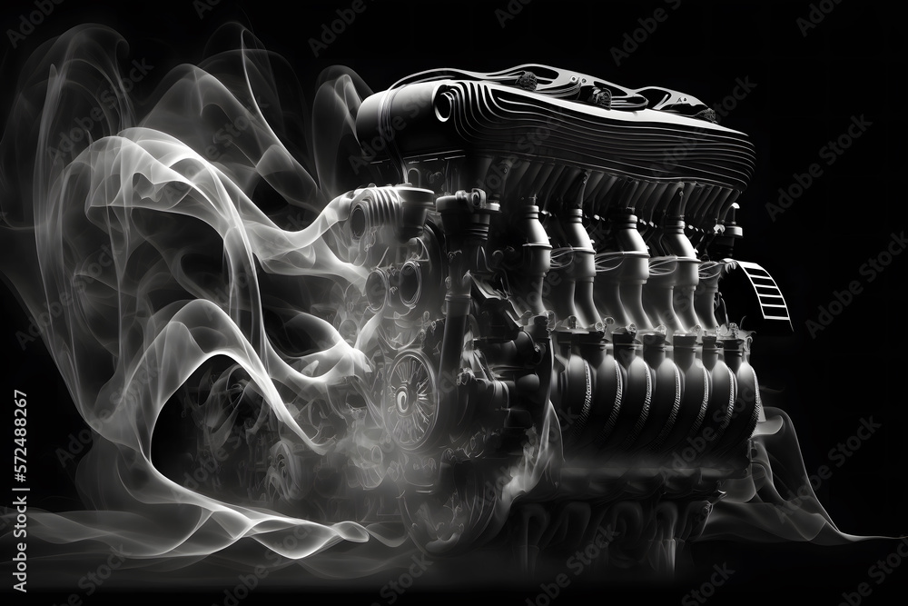 Modern car engine on deep solid black background. Neural network AI ...