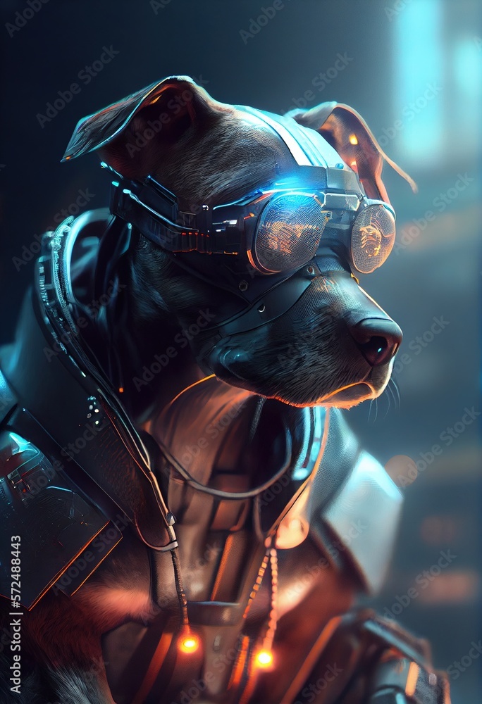 The cyberpunk dog illustration represents technology, strength, and ...
