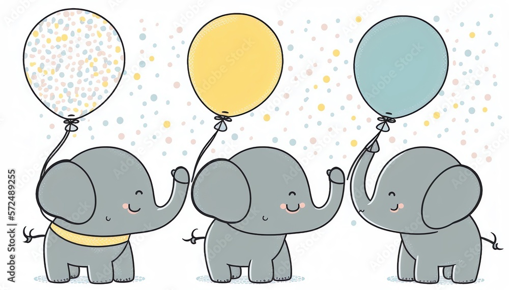 Cute elephants holding birthday balloons, clipart, illustration ...