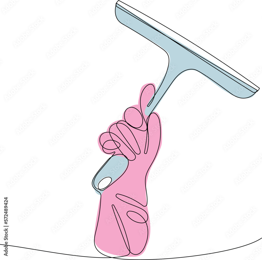 Continuous one line drawing of hand doing chores with disinfectant ...