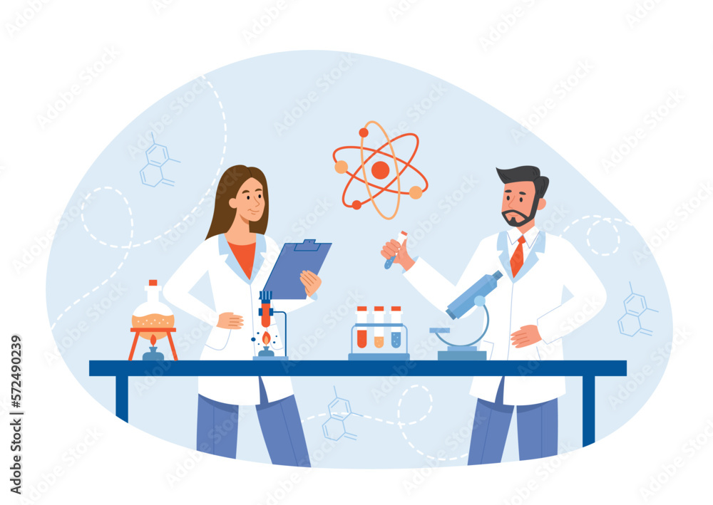 Scientists in laboratory. Man and woman with test tubes study structure ...