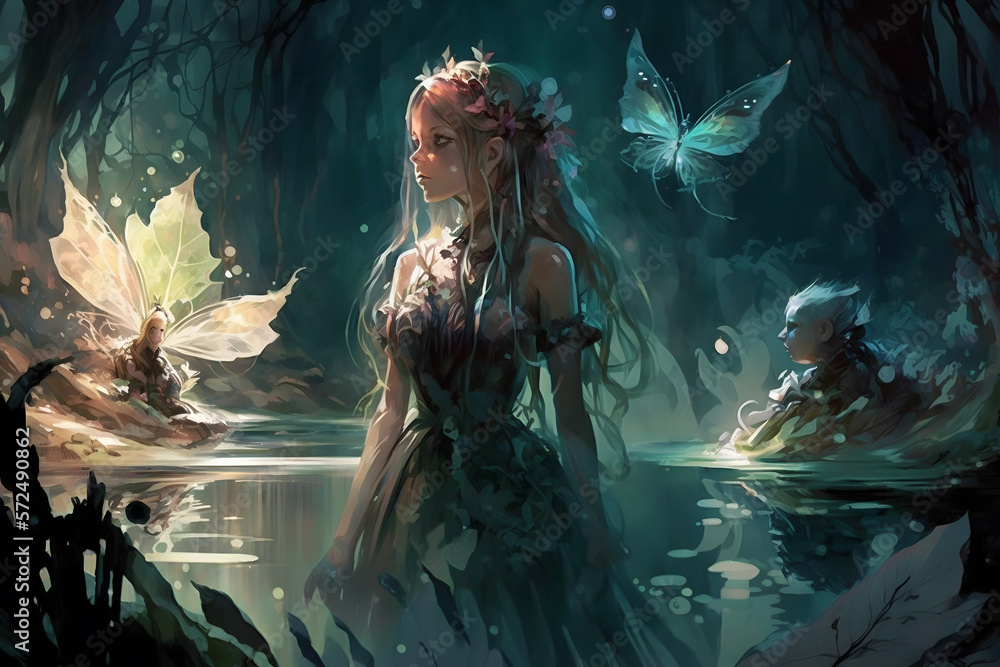 Beautiful young fairytale nymph girl in natural dress in sacred river ...