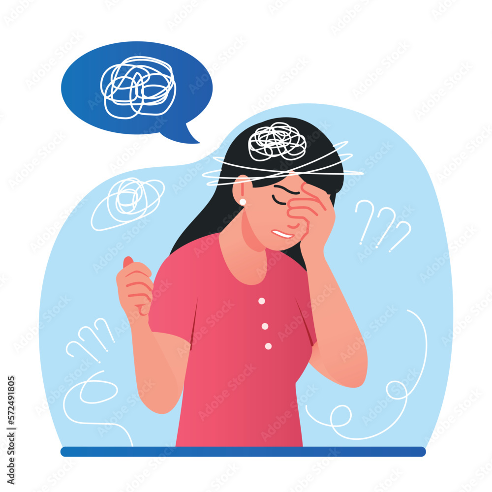 Anxiety woman concept. Young girl covers her face with her hand, upset ...
