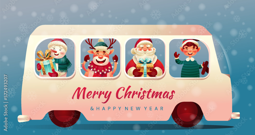 Christmas characters in car. Santa claus, snowman, deer and elf in ...