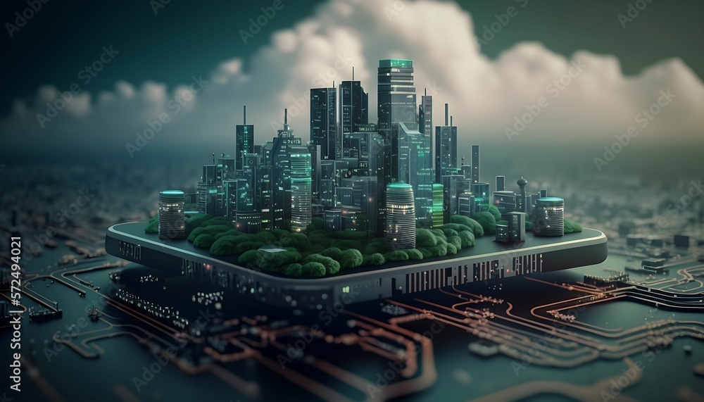 Smart city on circuit board background with Cloud computing. Modern hi ...