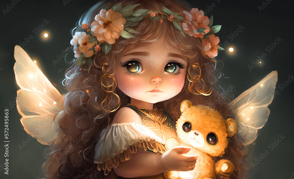 Fairy princess, cartoon small fairy angel child girl with wings and a ...