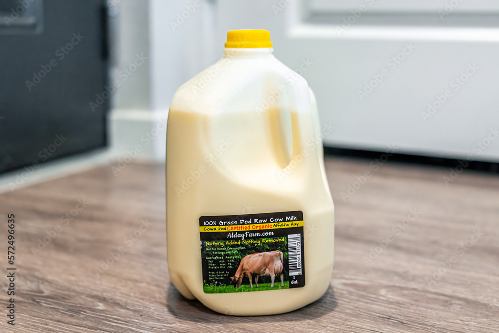 Naples, USA - May 17, 2022: Gallon plastic jar container of raw ...