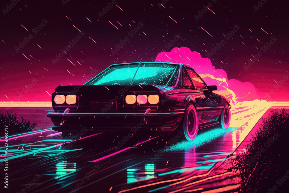 car in the city night, neon synth vibe 80' retro electro, generative ai ...