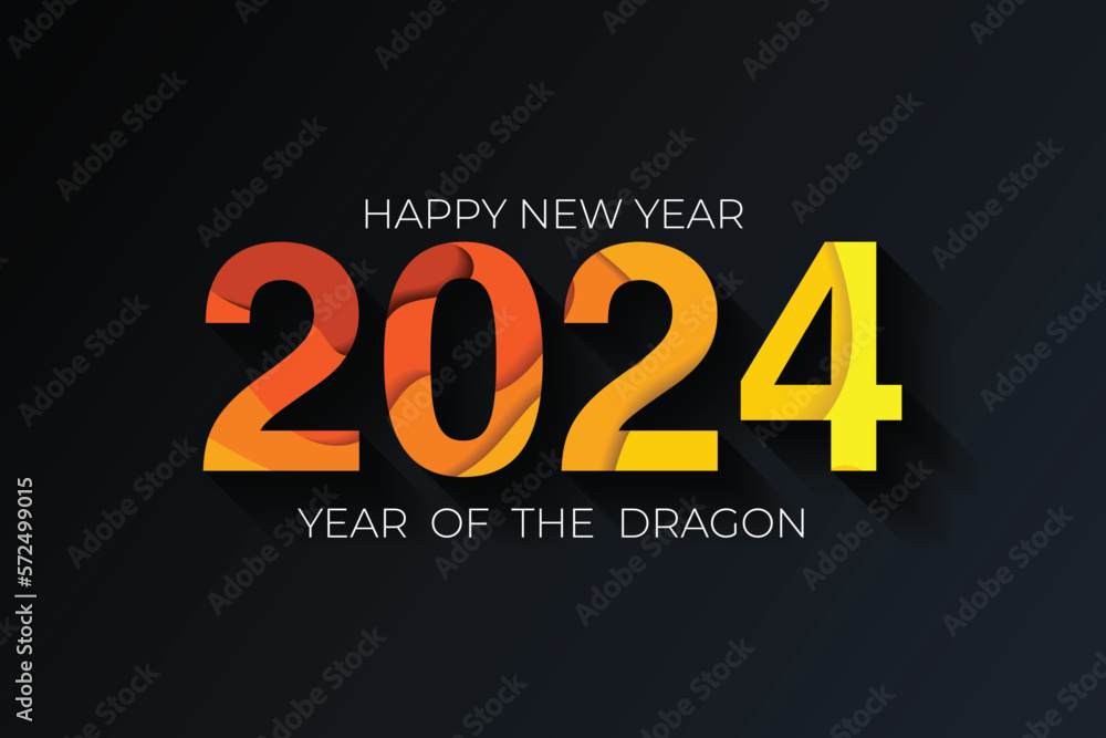 2024 vector orange and yellow paper cut on dark background. 2024 vector ...