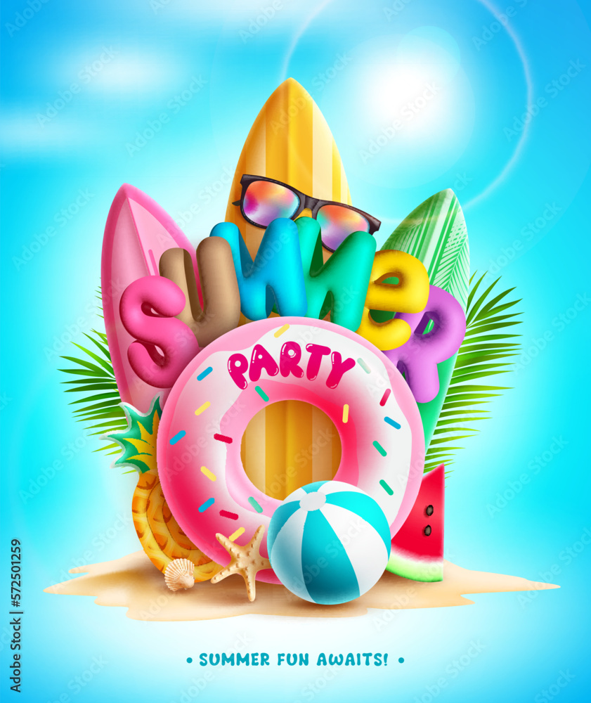 Summer party vector design. Summer party 3d text in island background ...
