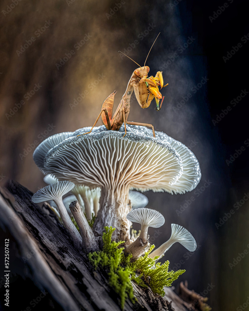 Praying mantis predator on the mushroom Stock Photo | Adobe Stock