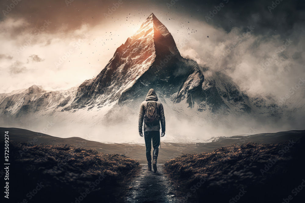 Man preparing to hike a mountain in the valley, exploring made with ...