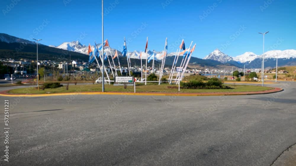 Argentinian and Ushuaia flags in the middle if of a roundabout in ...