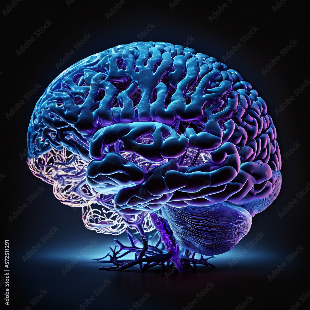 Human brain view dark blue background with vibrant modern and hologram ...