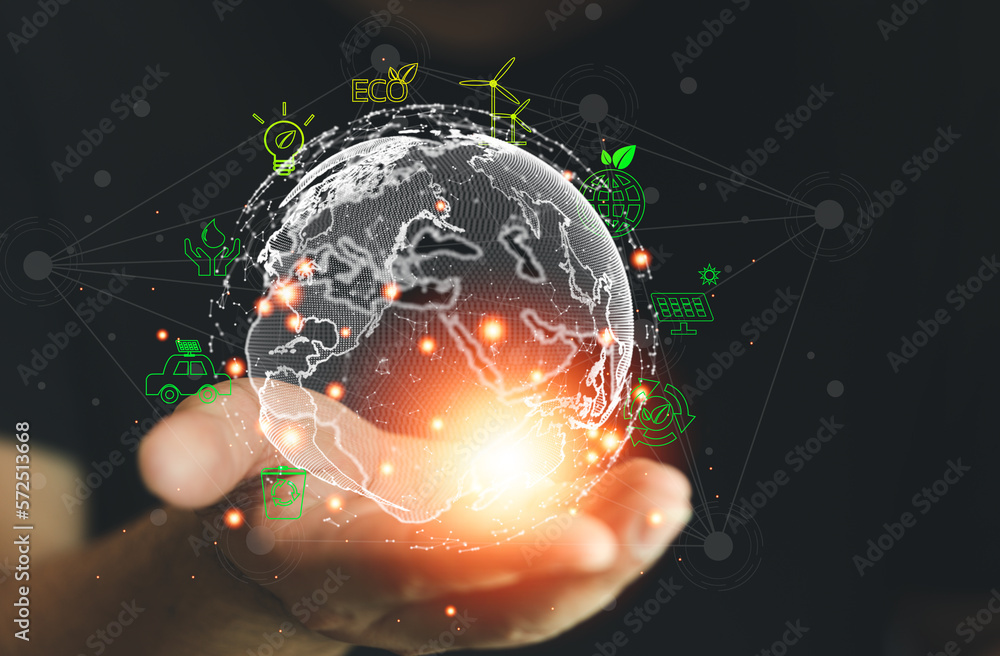Man holding a digital world with eco icon. virtual energy resources ...