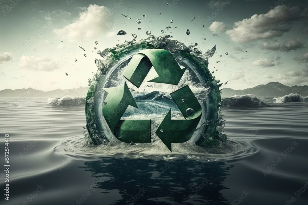 Recycle symbol in the ocean. Generative AI Green energy concept, no ...