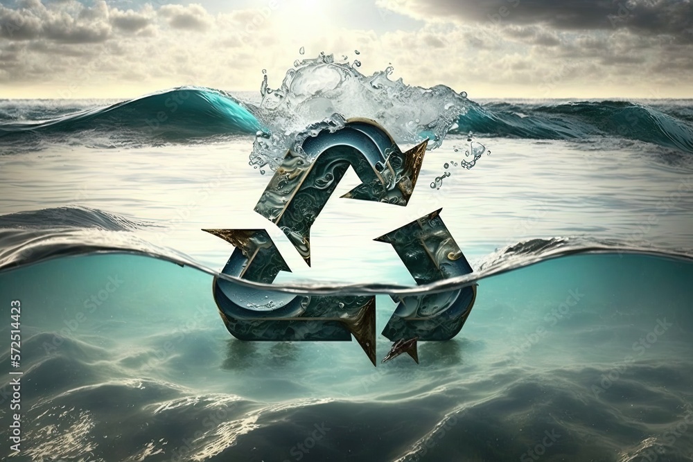 Recycle symbol in the ocean. Generative AI Green energy concept, no ...