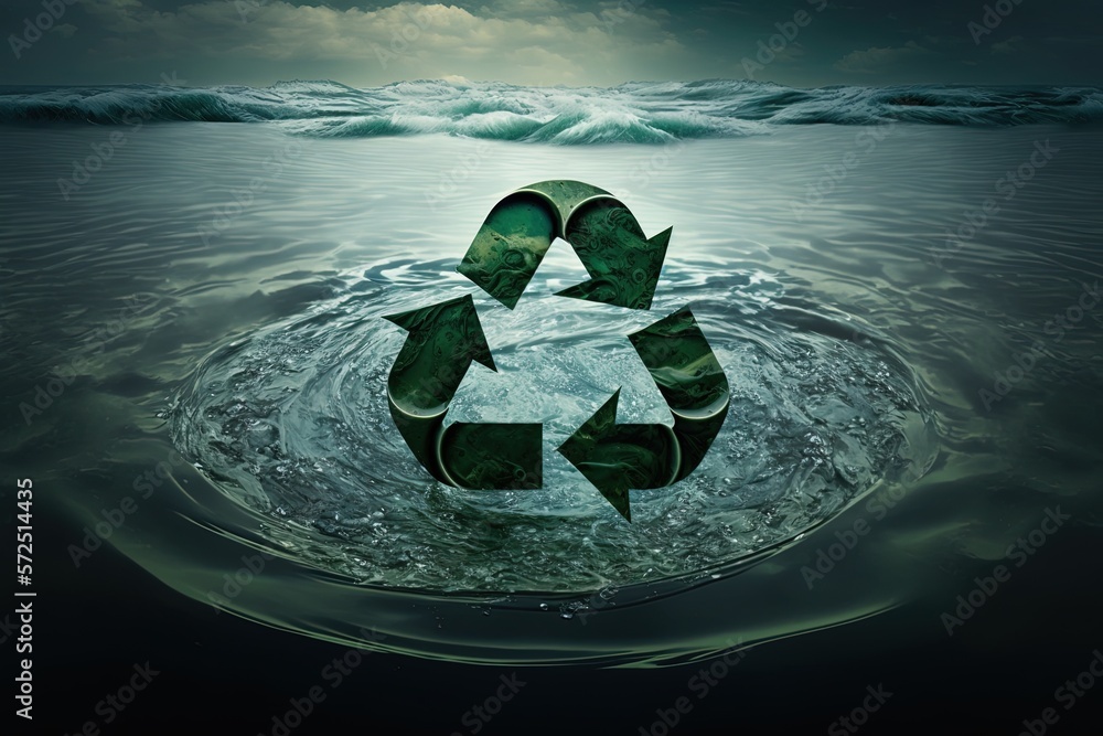 Recycle symbol in the ocean. Generative AI Green energy concept, no ...