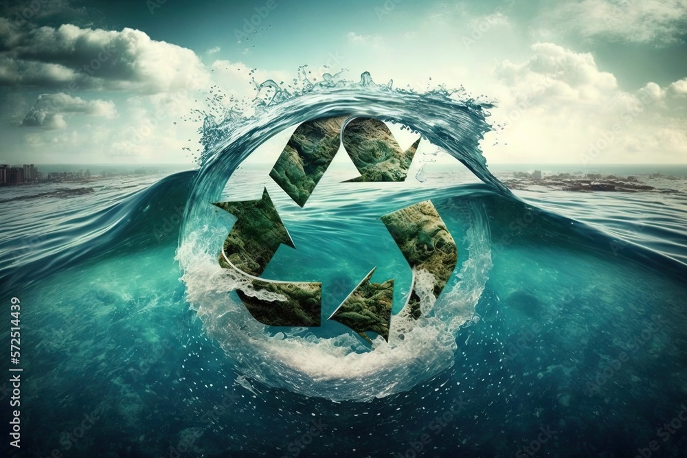 Recycle symbol in the ocean. Generative AI Green energy concept, no ...