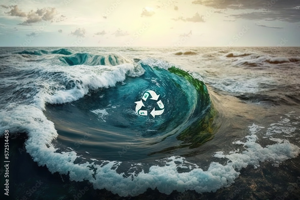 Recycle symbol in the ocean. Generative AI Green energy concept, no ...