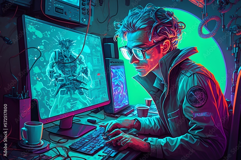 Cyberpunk neon person at computer high contrast futuristic display on ...