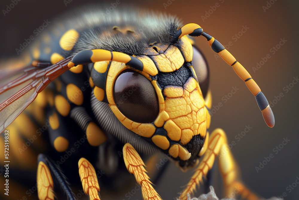 Ilustrace „Photorealistic ai artwork of a wasp in extreme close-up or ...