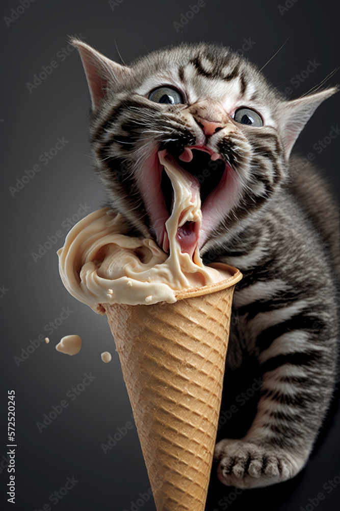 Photorealistic ai artwork of a tabby cat kitten eating and licking ice ...