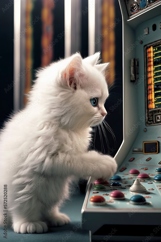 Photorealistic ai artwork of a white kitten playing a retro arcade ...