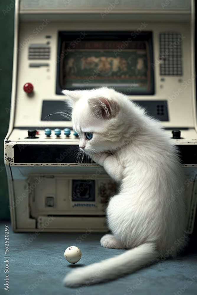 Photorealistic ai artwork of a white kitten playing a retro arcade ...